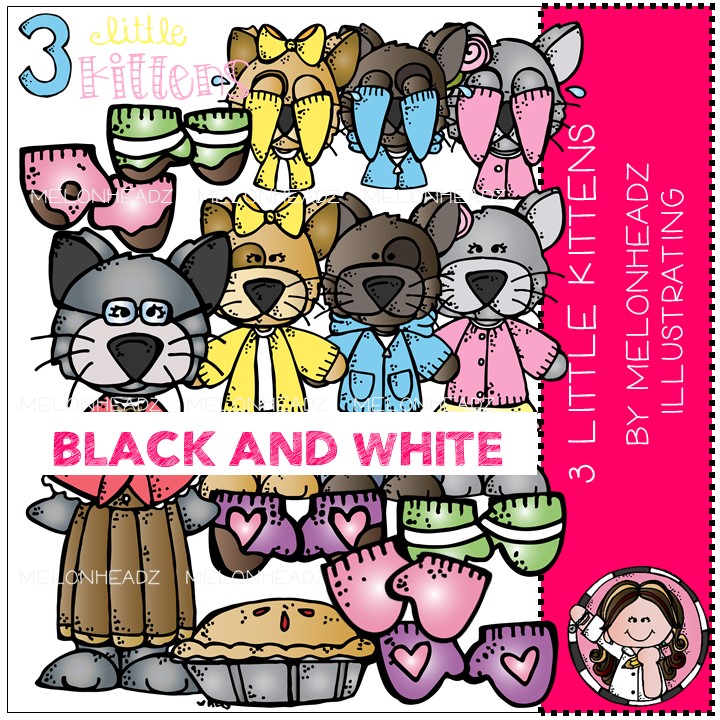 3 Little Kittens clip art – BLACK AND WHITE | Melonheadz Illustrating