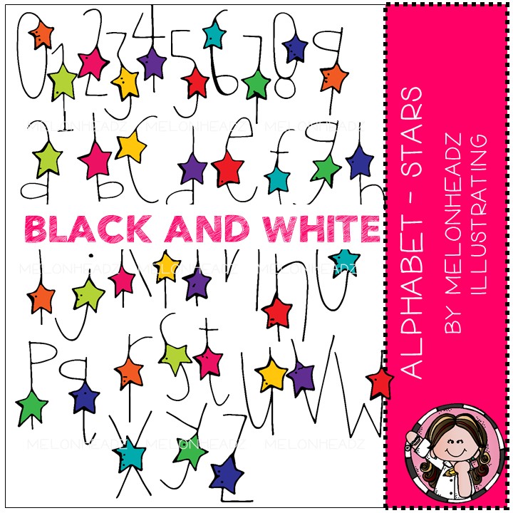 Alphabet Stars clip art – BLACK AND WHITE | Melonheadz Illustrating