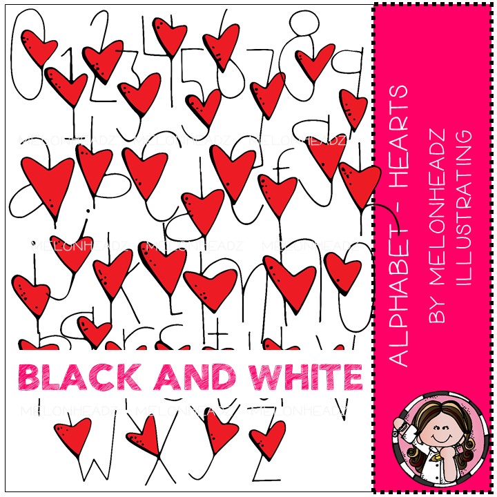 Alphabet Hearts clip art – BLACK AND WHITE | Melonheadz Illustrating