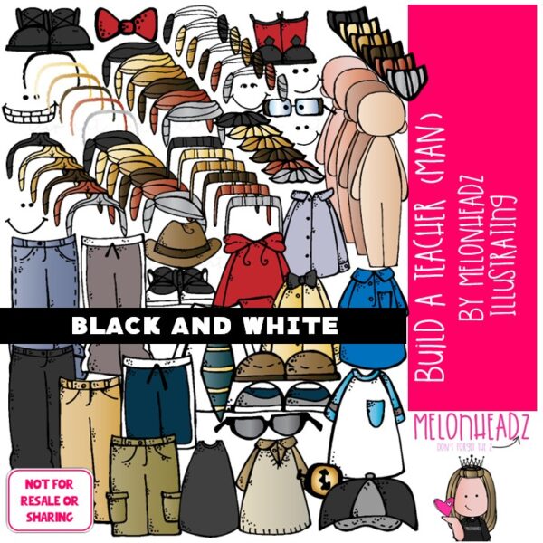 Build A Teacher clip art, Man, digital paper doll BLACK AND WHITE ...