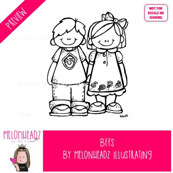 BFFS clip art, Best Friends, kids LINE ART and BLACK AND WHITE - Melonheadz