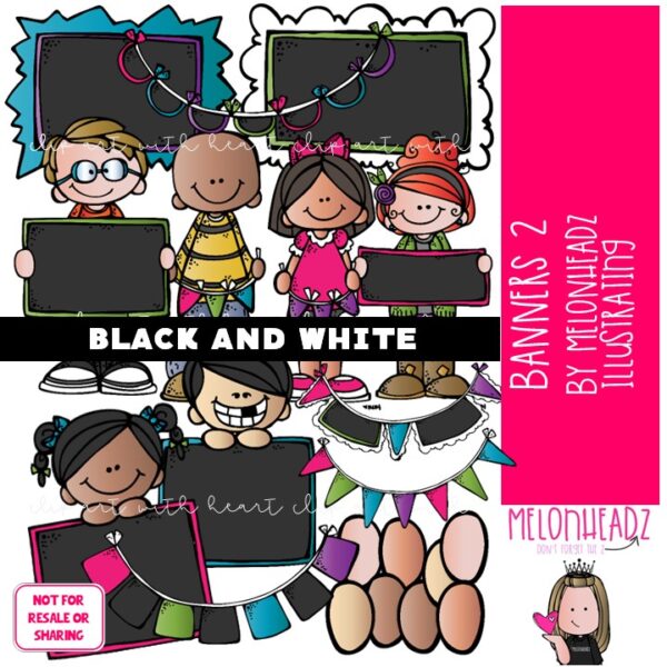 Banners clip art 2, blank frame, extra hands BLACK AND WHITE - Melonheadz