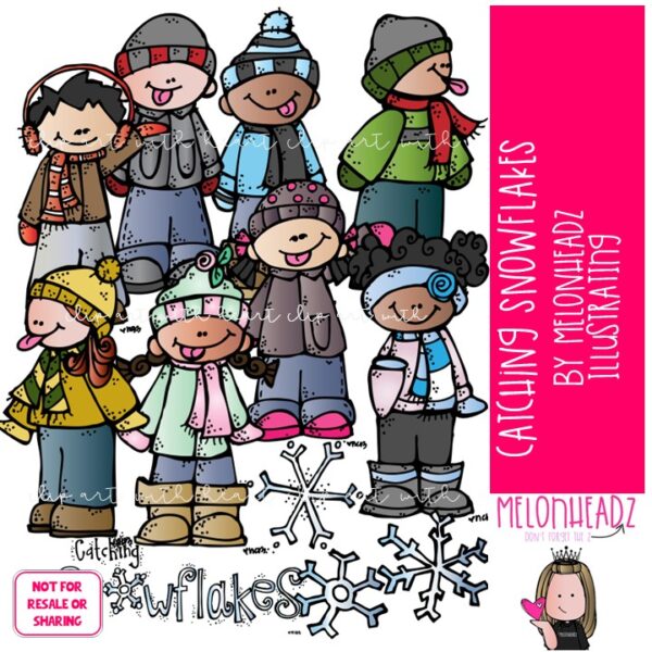 Catching Snowflakes clip art, winter, snow COLORED Version - Melonheadz