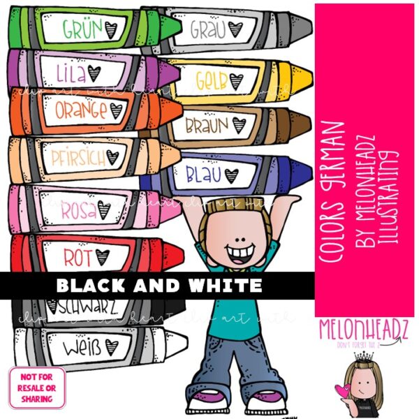 Colors clip art, German, crayon BLACK AND WHITE - Melonheadz