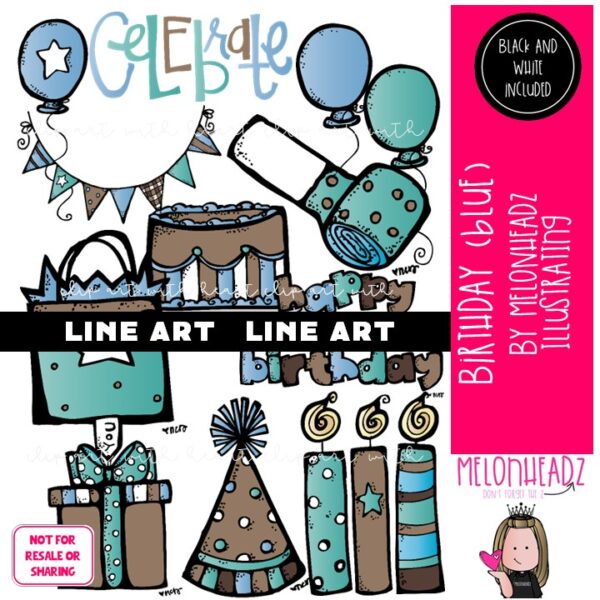 Birthday clip art, Blue/Pink, cake, balloons LINE ART and BLACK AND ...