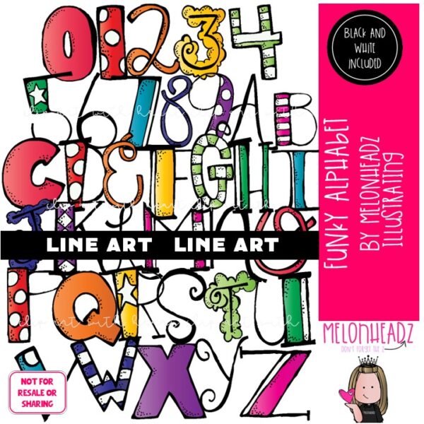 Funky Alphabet clip art, letters, numbers LINE ART and BLACK AND WHITE ...