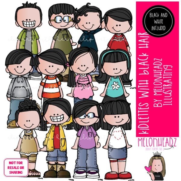 Kidlettes with Black Hair clip art, kids COMBO PACK - Melonheadz