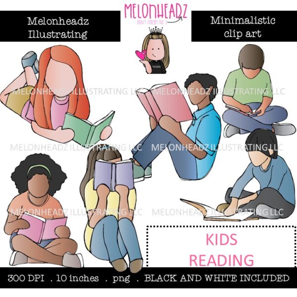 Kids Reading clip art, Minimal Style Mini - Melonheadz