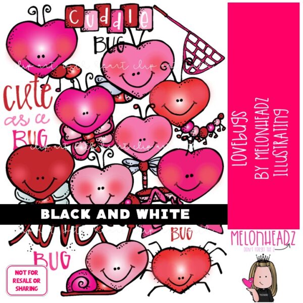 Lovebugs clip art, Valentine’s Day clip art BLACK AND WHITE - Melonheadz