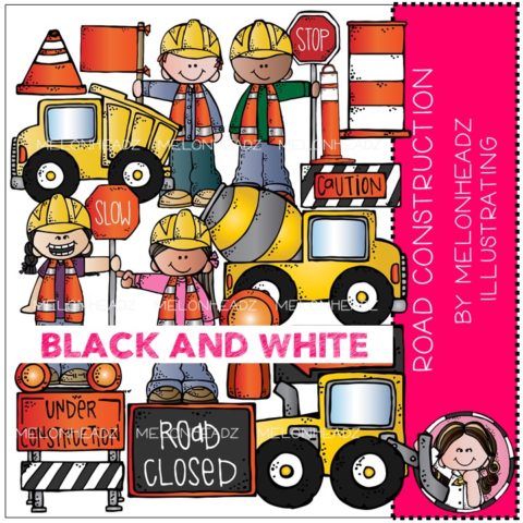 Road Construction clip art – BLACK AND WHITE - Melonheadz