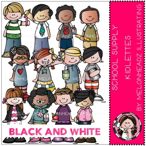 School Supply Kidlettes clip art – BLACK AND WHITE - Melonheadz