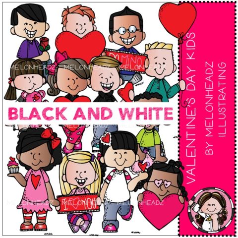 Kids clip art – Valentines Day – BLACK AND WHITE | Melonheadz Illustrating