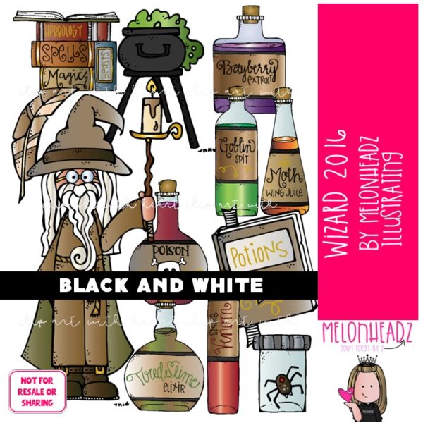 Wizard clip art 2016, potions, cauldron BLACK AND WHITE - Melonheadz