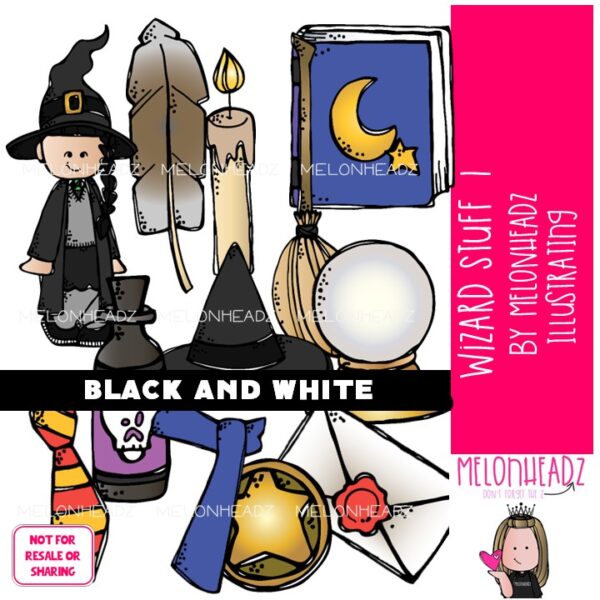 Wizard Stuff clip art 1, crystal ball, witch BLACK AND WHITE - Melonheadz