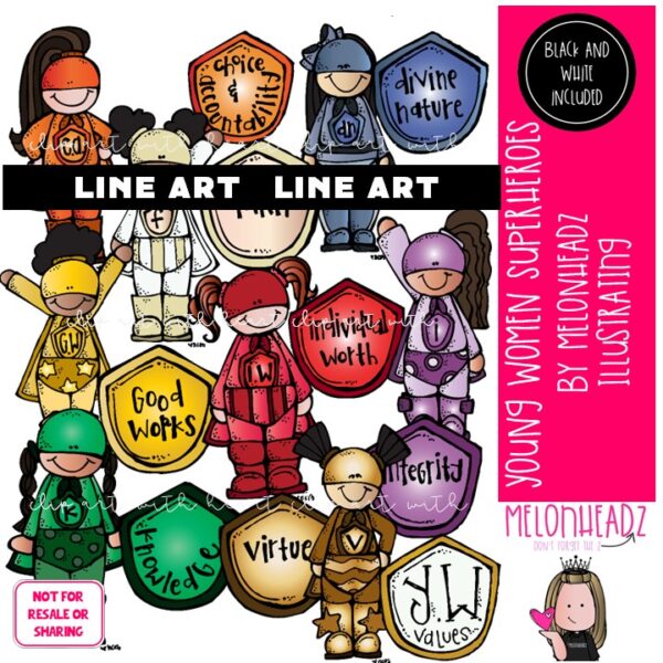 Young Women Superheroes clip art, LINE ART and BLACK AND WHITE - Melonheadz
