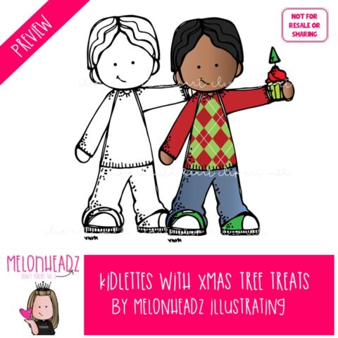 Kidlettes with Christmas Tree treats clip art digi stamp Mini - Melonheadz