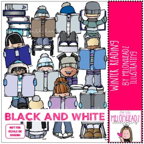 Winter Reading clip art – BLACK AND WHITE - Melonheadz