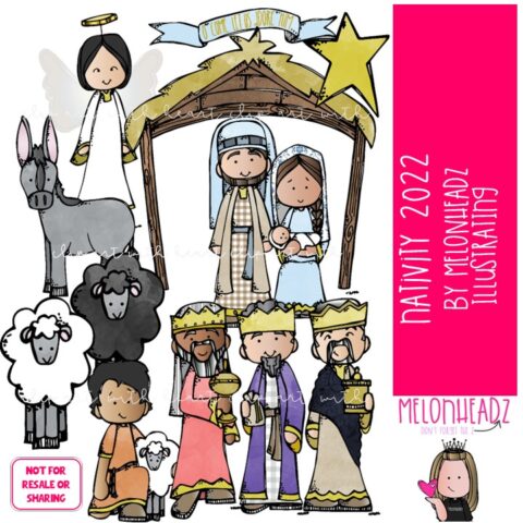 Nativity clip art 2022, Christmas clip art COLORED - Melonheadz