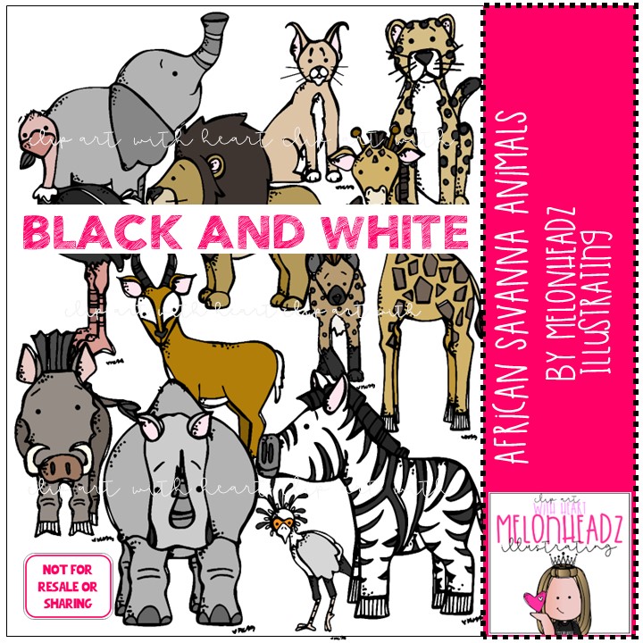 African Savanna Animals clip art BLACK AND WHITE | Melonheadz Illustrating