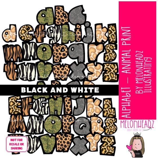 Animal Print Alphabet clip art, ABCs, Letters BLACK AND WHITE - Melonheadz