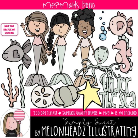 Mermaid clip art digi stamps {Simply Sweet} BOHO - Melonheadz