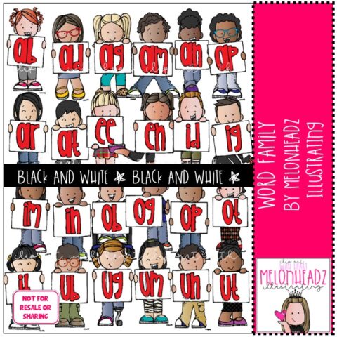 Word Family clip art digi stamps BLACK AND WHITE - Melonheadz