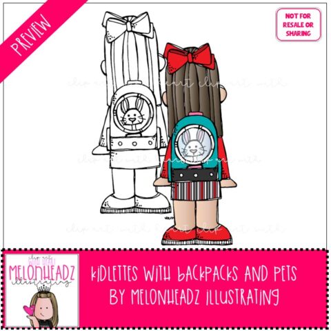 Kidlettes with backpacks and pets clip art digi stamp Mini - Melonheadz