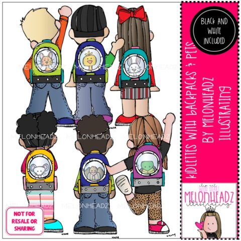 Kidlettes with backpacks and pets clip art digi stamp Mini - Melonheadz