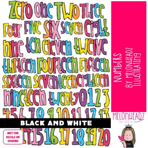 Numbers clip art, counting, math BLACK AND WHITE - Melonheadz