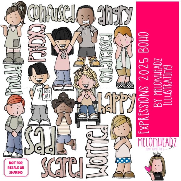 Expressions clip art 2025, Emotions, Feelings COLORED Version BOHO ...