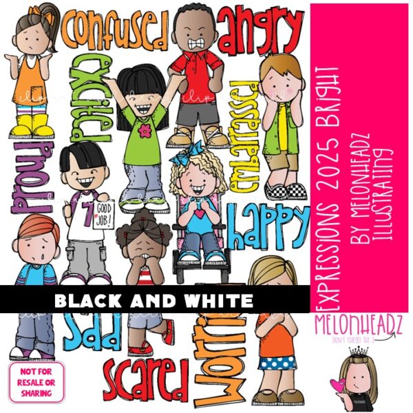 Expressions clip art 2025, Emotions, Feelings BLACK AND WHITE - Melonheadz