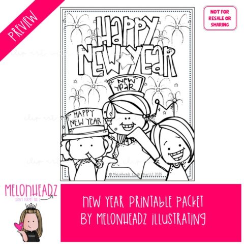 New Year Printable Packet, Coloring Page, Word Search - Melonheadz
